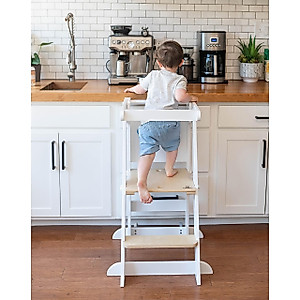 Little Partners® Learning Tower Foldable Toddler Tower Baby Kitchen Stool - Kitchen Helper Stool Adjustable Ladder for Kids Ages 2 to 6 (White w/Natural)