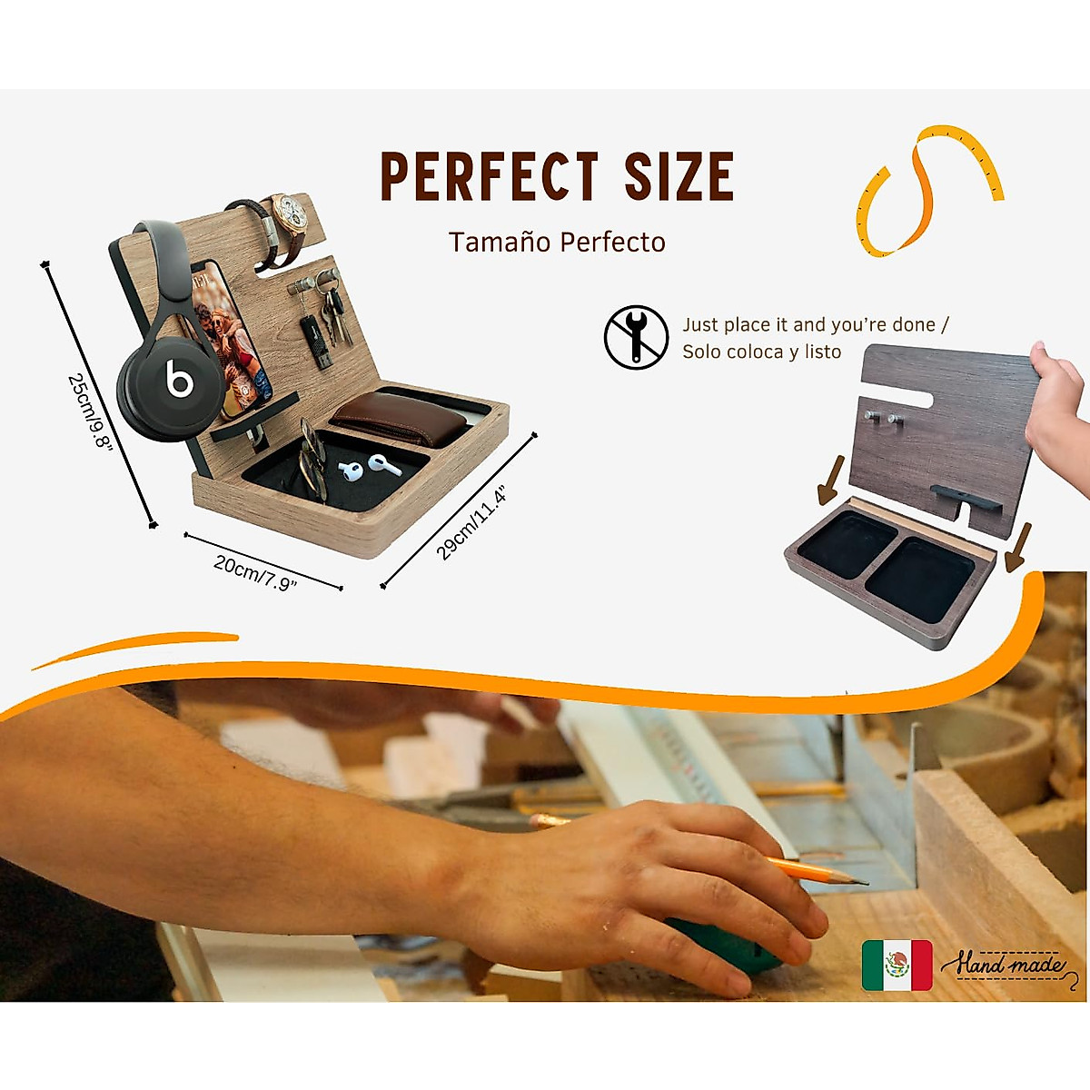 Namore | Gift for Men Husband, Anniversary, Birthday | Wood Phone Docking Station | Ideal as Office and Nightstand Organizer | Organize your Watch, Wallet, Cellphone, Keys, Airpods