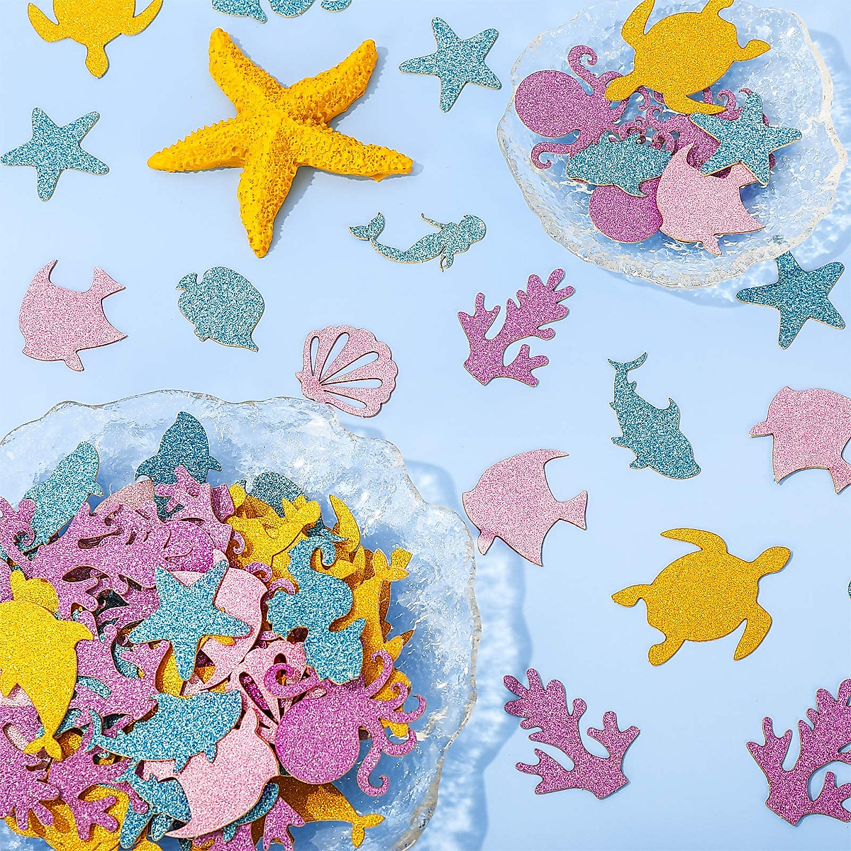 Whaline 300Pcs Sea Theme Confetti Sea Animal Table Confetti Glitter Starfish Turtle Dolphin Seagrass Table Decorations for Birthday Party Scatter Beach Theme Party Wedding Decorations DIY Crafts