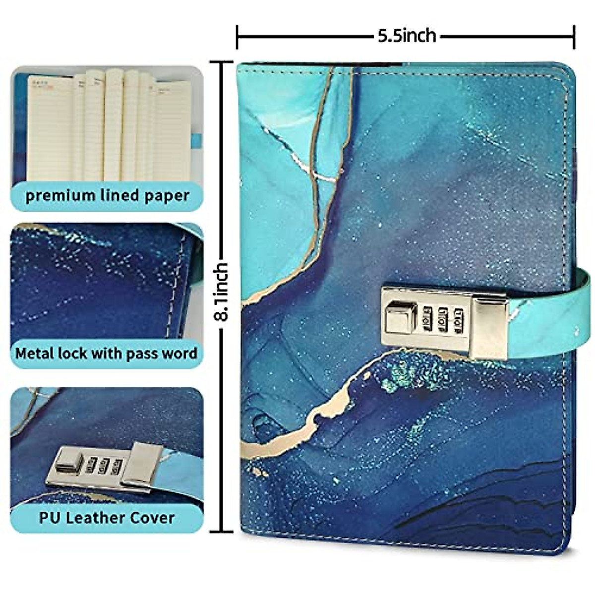 Diary with Lock for Girls and Women 240 Pages Adorezyp Notebook for Girls ages 8-12 - Kids Journals for Writing, Self-Expression & Creativity– Journal with Lock Includes Leather Journal Notebook, Combination Lock (Blue)