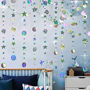 Fecedy 4 Pack Iridescent Star Circle Dot Garland Hanging and Twinkle Little Star Streamer Bunting Banner for Kids Birthday Baby Shower Wedding Party Decoration