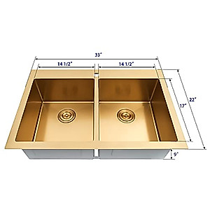 Zeesink Double Bowl Kitchen Sink,Drop in Kitchen Sink 33 X 22 inch,Gold Kitchen Sink,Top Mount Kitchen Sink,16 Gauge Stainless Steel Kitchen Sinks