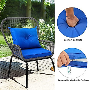 YITAHOME 3-Piece Outdoor Patio Furniture Wicker Bistro Set, All-Weather Rattan Conversation Chairs for Backyard, Balcony and Deck with Soft Cushions, Glass Side Table (Gray+Navy Blue)