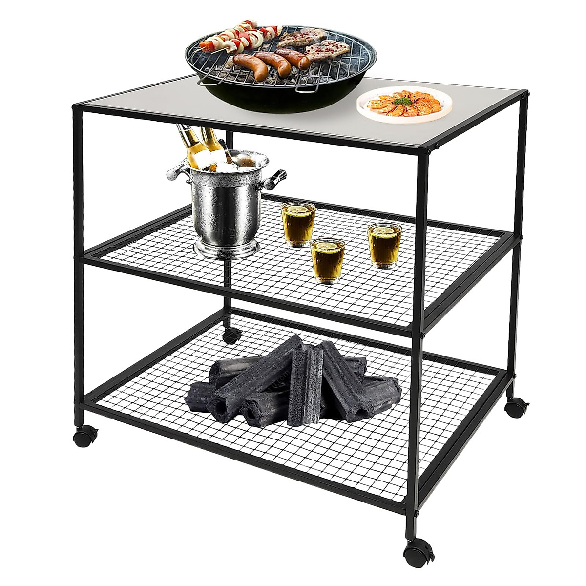 Mobile Outdoor Grill Cart, 3-Tier Stainless Steel Work Cart Table Dining Cart Table for Pizza Oven Outdoor Cart Grill Stand Trolley Table for Home, Backyard and Outdoor, Black