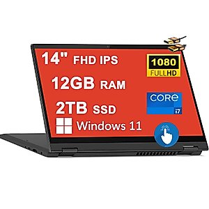 Lenovo IdeaPad Flex 5 14 2-in-1 Laptop 14" FHD IPS Glossy Touchscreen 11th Gen Quad-core i7-1165G7 12GB RAM 2TB SSD Backlit Keyboard Fingerprint HDMI USB-C Dolby Win11 Graphite Grey + HDMI Cable