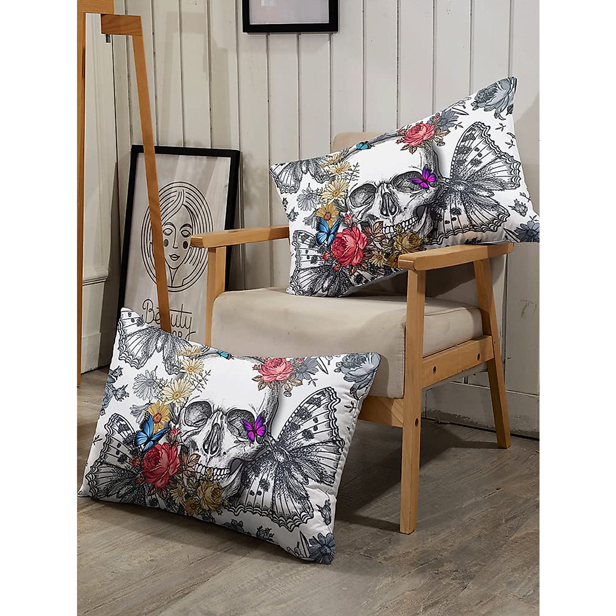 DYcolor 3D Gothic Flower Butterfly Skull Quilt, 3-Piece Flying Skeleton Butterfly Skull Comforter Set with 1 Comforter and 2 Pillow Cases for Kids, Teens, Adults (White, Queen)