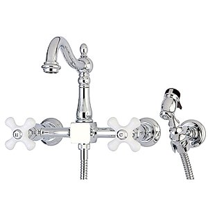 Kingston Brass KS1261PXBS Heritage Wall Mount Bridge Kitchen Faucet with Brass Sprayer, Brushed Nickel