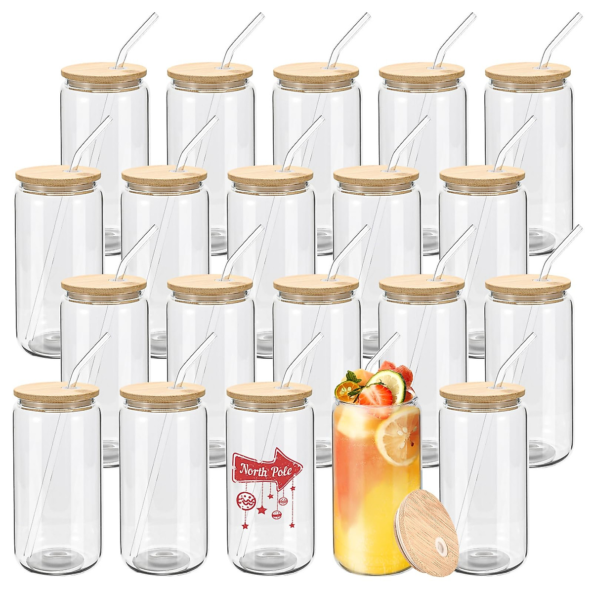 WHEATHUSK 20 Pack Glass Cups with Bamboo Lids and Glass Straws 16oz Clear Glass Tumblers Beer Can Shaped Drinking Glasses Iced Coffee Cups, Cute Tea Cups for Whiskey, Soda, Cocktail, Gift