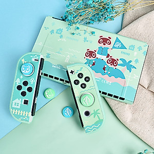 DLseego Animal Crossing Switch OLED Case Protective Cover Dockable Hard Shell Joy Con Skin Accessory With 4PCS Thumb Grips Caps and 2PC Screen Protectors