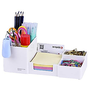 Comix Desk Organizer with Pen Holder Sticky Note Tray Paperclip Storage, Office Accessories Caddy, Office Stationery Supply Organizers, 6 Compartments Pencil Holder, White