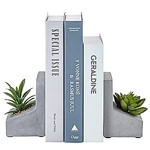 MyGift L-Shaped Heavy Concrete Shelf Decor Decorative Bookends with Artificial Succulent Plants, Desktop Textbook Book Stands, 1 Pair
