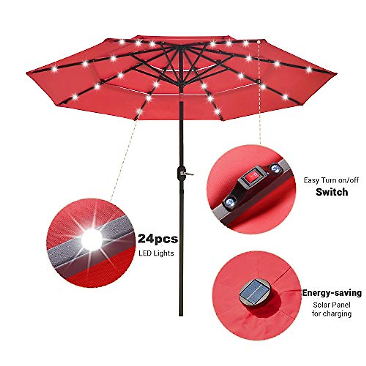 Yescom 9ft 3 Tier UV70+ Solar Powered Patio Umbrella with LED Crank Tilt Button Aluminum Outdoor Home Garden Yard Deck