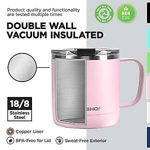 HAUSHOF 14 oz Coffee Mug, Insulated Coffee Mug with Handle, Travel Camping Cup, Portable Stainless Steel Coffee Cup, Insulated Coffee Cups with Lid, Pink