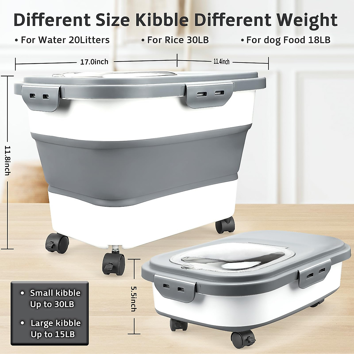 Komzon Rice Storage Containers, Collapsible 20 to 30Lbs Food Storage Bin Dispenser with Rolling Wheel and Clear Airtight Lid, BPA Free Flour, Sugar, Cereal and Dog Cat Pet food Containers