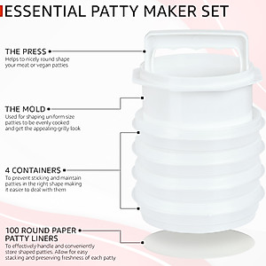 Miles Kimball Hamburger Press Patty Maker - 4 in1 Burger Mold Patty Press, 4 Storage Containers, 100 Patty Papers - Essential Hamburger Patty Maker Tool for BBQ - Burger Shaper for Meat Veggie Patties