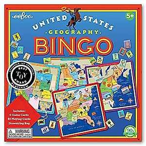 eeBoo: United States Geography Bingo Game, for 2 to 6 Players, Includes 6 Game Cards, 84 Playing Cards, & Drawstring Bag, for Ages 5 and up