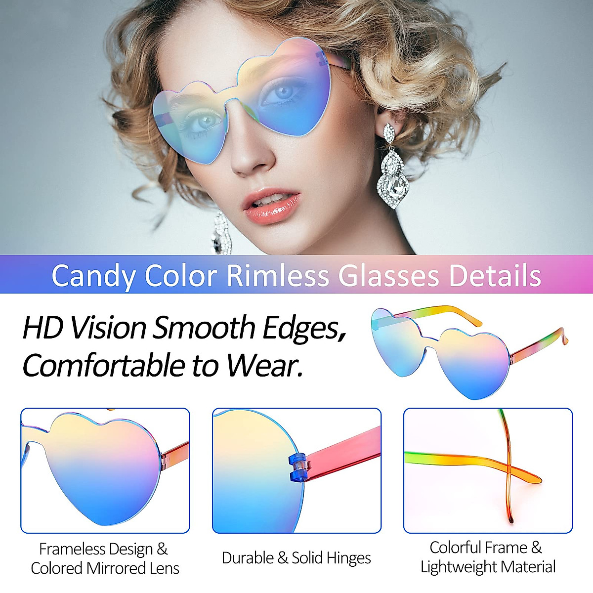 Hifot Heart Shaped Rimless Sunglasses + Rainbow Sunglasses, Festival Party Glasses for Women Men Kids, Gay Pride Sunglasses