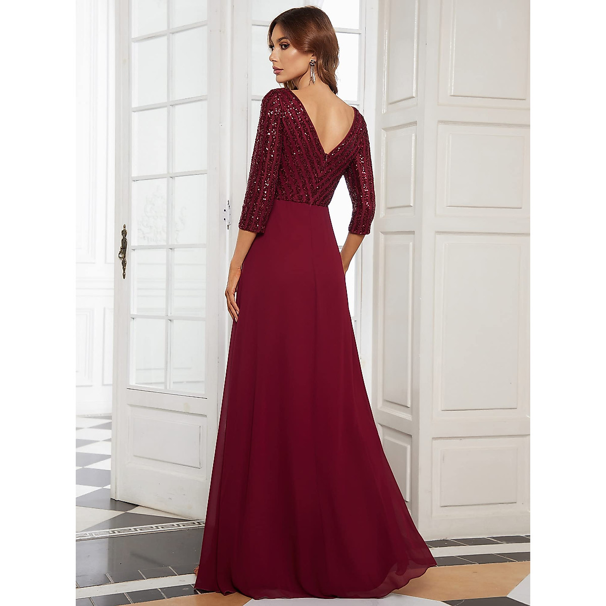 Ever-Pretty Women's Elegant Formal Dress V-Neck Long Sleeve Sequin Maxi Chiffon Evening Dresses Burgundy US04