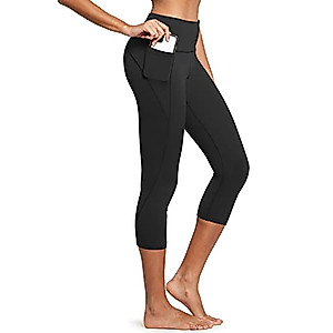 BALEAF Women's Capri Leggings Workout Yoga Running Capris High Waisted Pull On Cropped Leggings with Pockets Black M