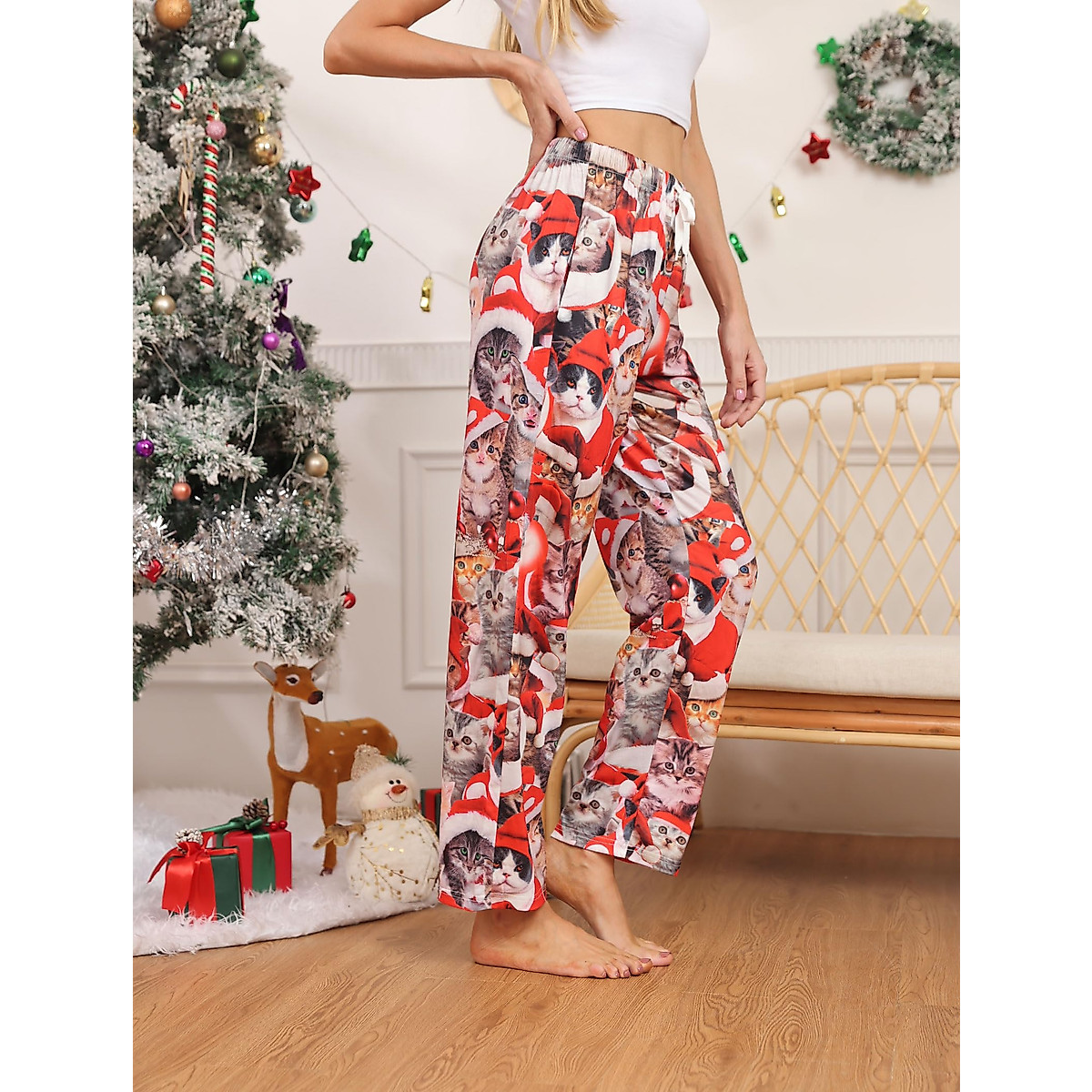 RAISEVERN Women Christmas Pajama Pants Cat Santa Hat Print Loose Ugly Xmas Sleep Bottoms Drawstring Wide Leg Pjs with Pockets Sleepwear M
