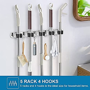 IMILLET 2 Pack Broom Holder Wall Mount, Broom Holder Stainless Steel 5 Racks with 4 Hooks Broom Organizer Wall Mount Self Adhesive Laundry Room Organization Heavy Duty Garage Organization Storage