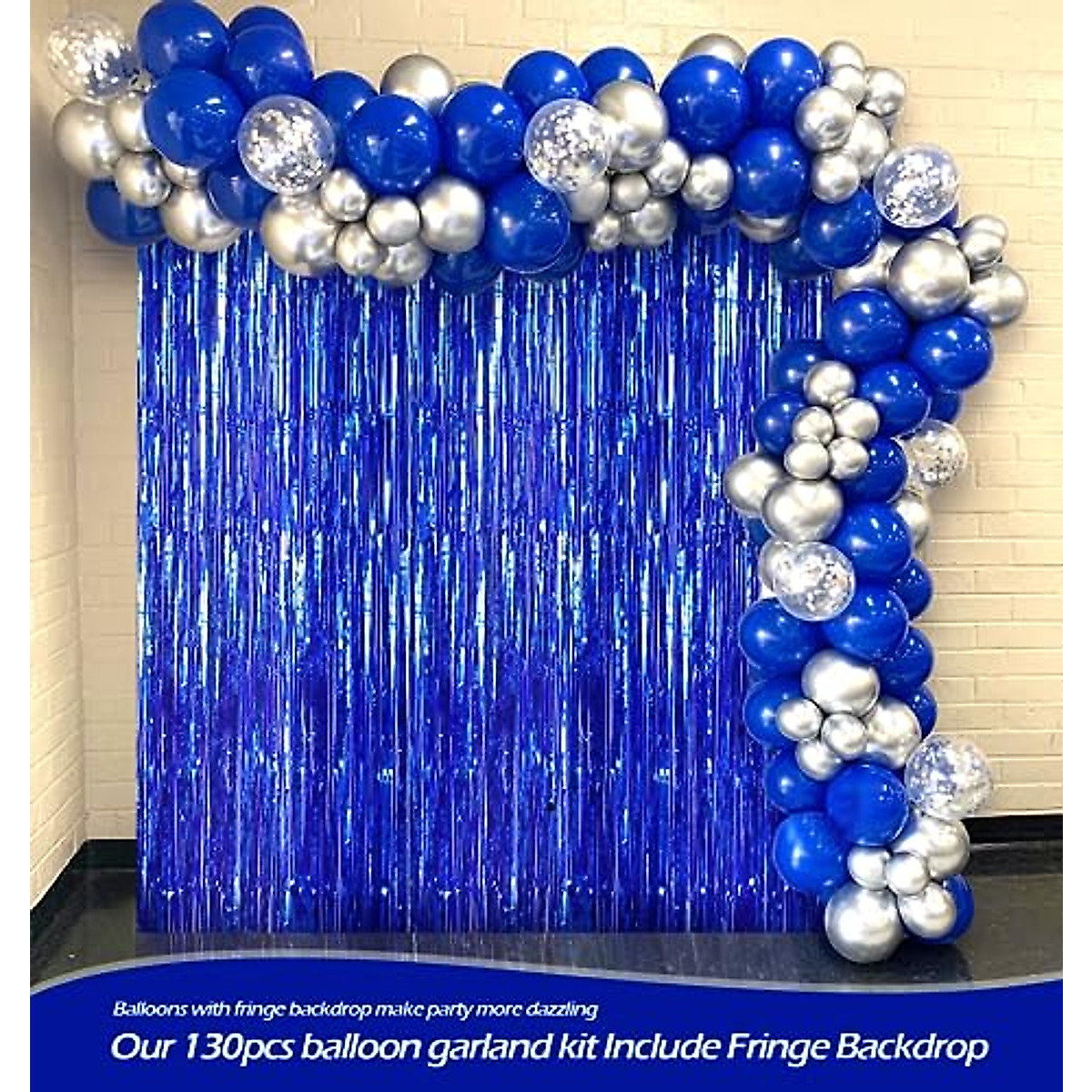 FOTIOMRG 130pcs Royal Blue Balloon Garland Arch Kit, 18 12 10 5 inch Royal Blue Latex Balloons Different Sizes Pack for Graduation Baby Shower Baseball Nautical Wedding Birthday Party Decorations（with Fringe Backdrop）