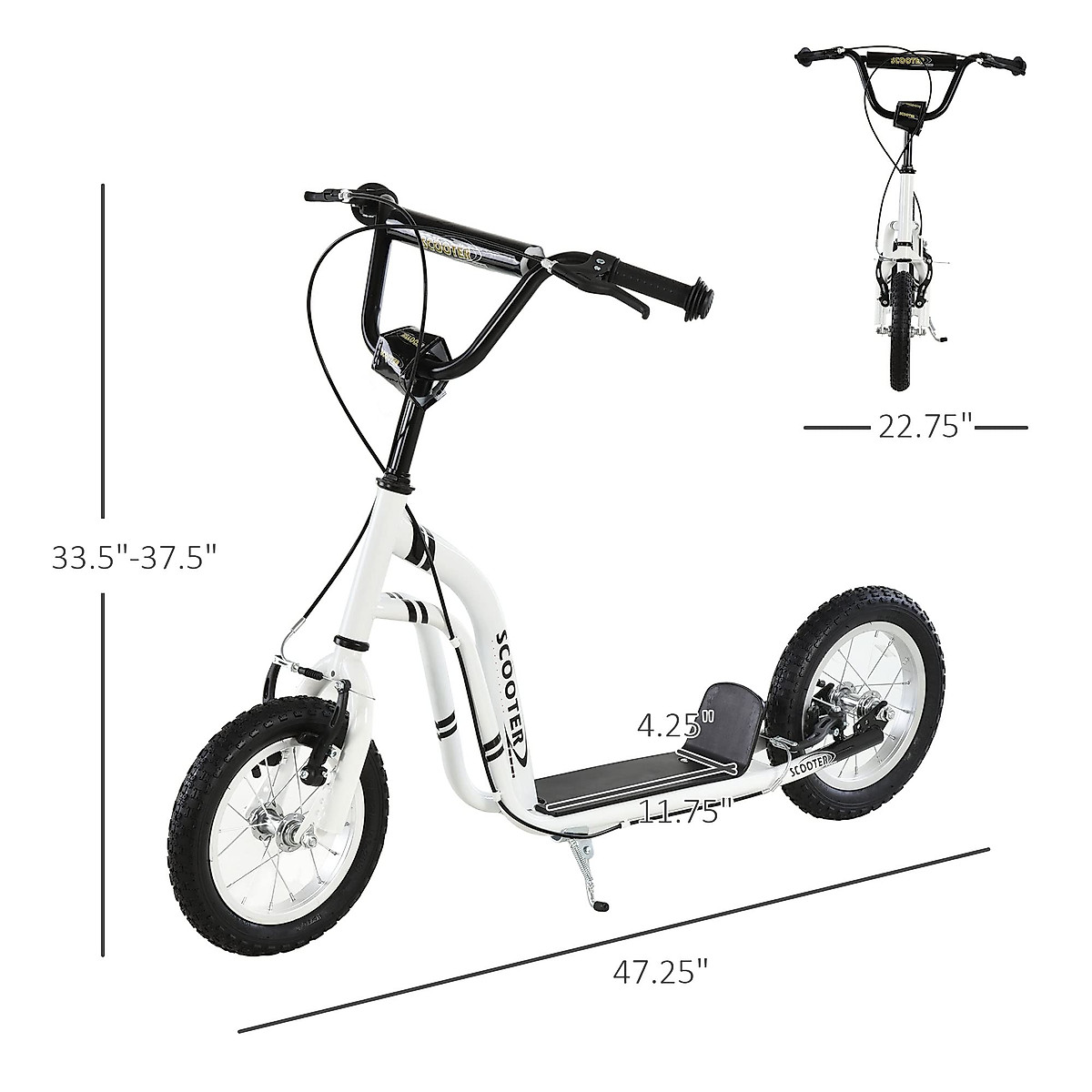 Aosom Youth Scooter Front and Rear Caliper Dual Brakes 12-Inch Inflatable Front Wheel Ride On Toy for Age 5+, White