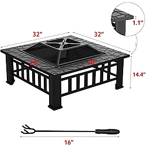 WINWEND Fire Pit Outdoor Wood Burning, 32in Firepit with Spark Screen, Waterproof Cover, Poker, Square Firepit for Patio Backyard Garden