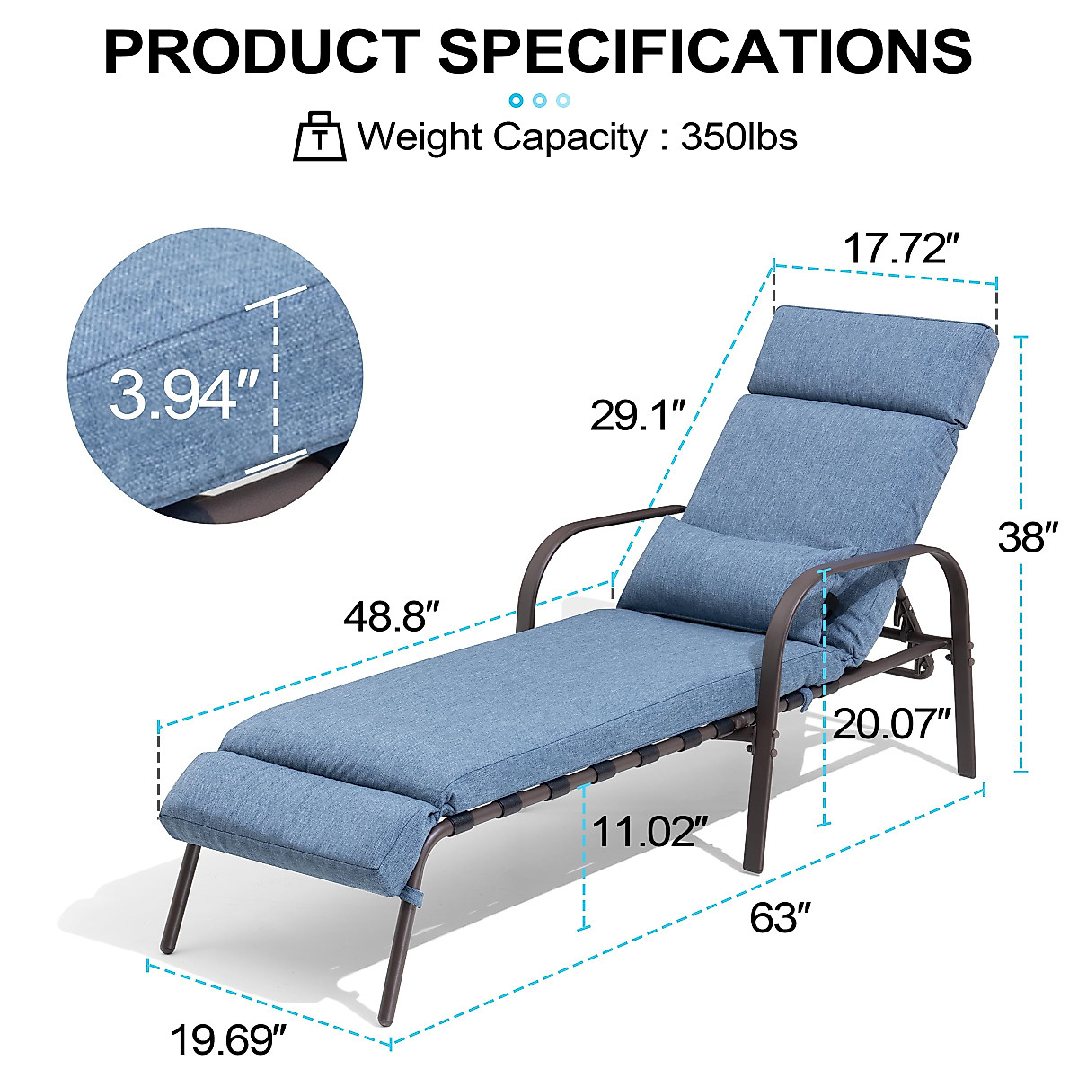 Crestlive Products Adjustable Chaise Lounge Chair with Cushion & Pillow, Outdoor Five-Position Recliner, All Weather for Patio, Beach, Yard, Pool (1PC Dark Blue)
