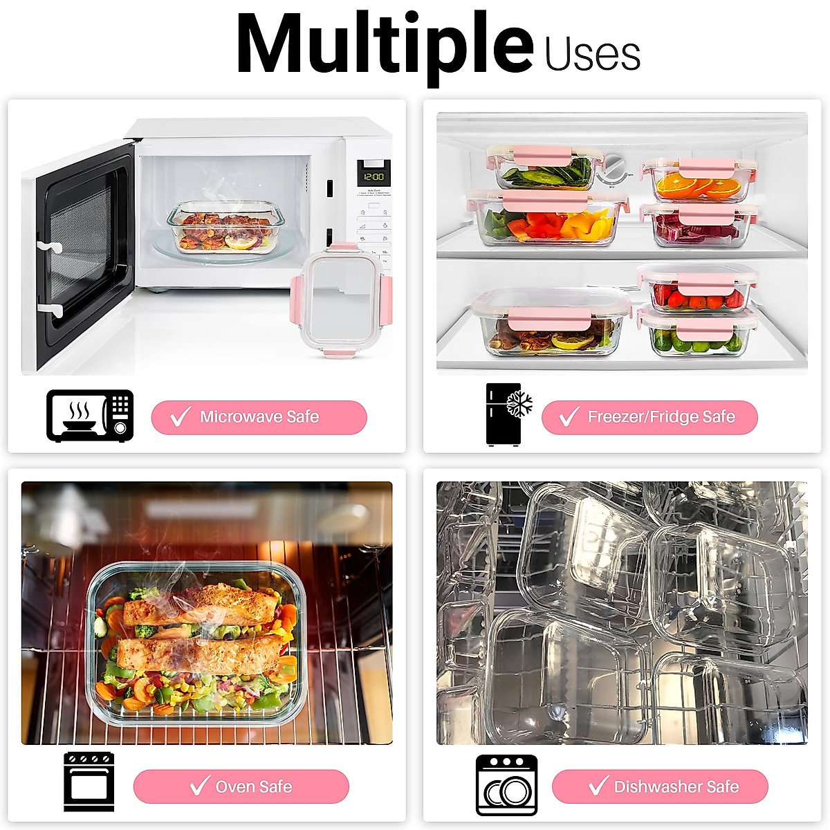 Glass Food Storage Containers 10 Packs - Eco Friendly Borosilicate Glass with BPA Free Locking Lids, Microwave Safe Prep Contaniers Set for Meal | Leakproof & Airtight Lunch Box for Kitchen (Pink)