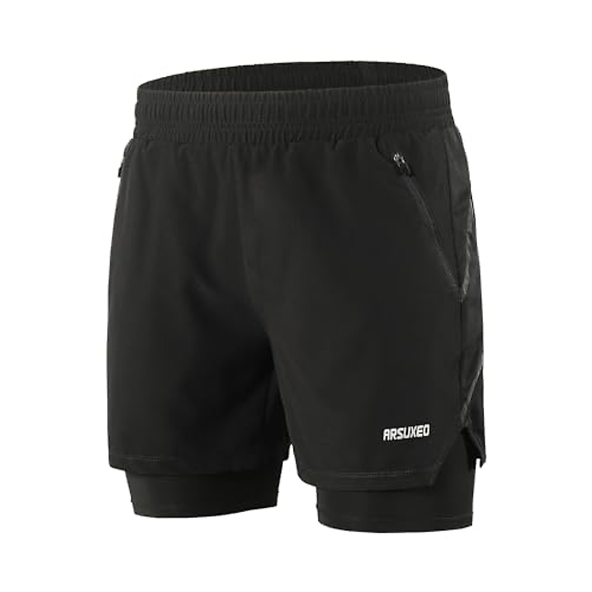 ARSUXEO Men's 2 in 1 Active Running Shorts with 2 Zipper Pockets B191 Black Size Medium