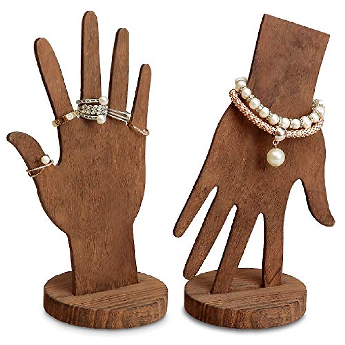 MOOCA 6-Piece Wooden Hand Form Jewelry Display Set - 2-Way Design for Wall Hanging or Standalone Mannequin Finger Hand Display, Brown Color