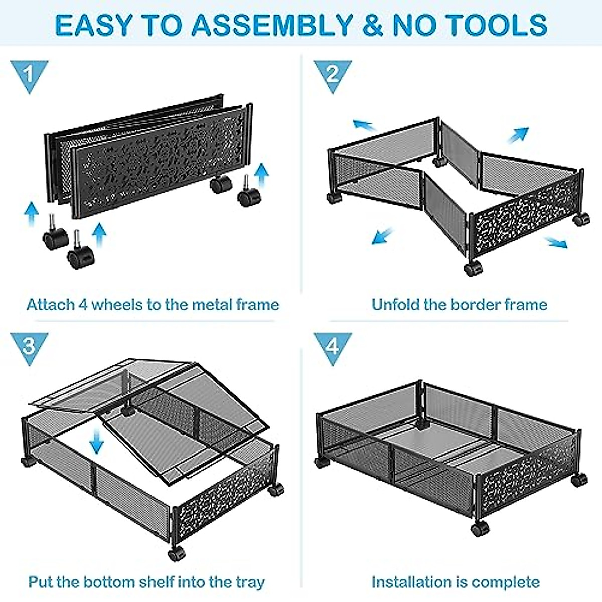 IVMAIE 2 Pack Metal Under Bed Storage with Wheels, Foldable Underbed Shoe Storage Organizer Containers, Tool-Free Assembly Under Bed Rolling Storage Drawer Cart for Bedroom, Clothes, Toys
