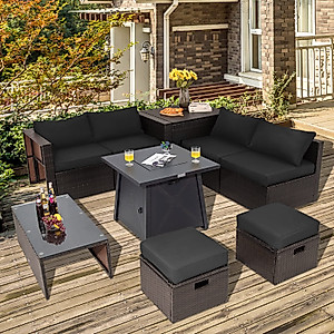Tangkula 9 Pieces Patio Furniture Set with 30” Propane Fire Pit Table, Outdoor PE Wicker Sectional Sofa Set with Storage Box, 50,000 BTU Gas Fire Pit Table with 2 Protective Covers (Black)
