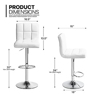 MoNiBloom Barstools Set of 2, Square PU Leather Adjustable Bar Stools with Back, Counter Height Swivel Stool, Barstools for Kitchen Counter, White