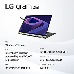 LG gram (2022) 16T90Q 2-in-1 Tablet Laptop, 16" (2560 x 1600) IPS Display, Intel Evo 12th Gen i7 1260P Processor, 32GB LPDDR5, 2TB NVMe SSD, FHD Webcam, WiFi 6E, Thunderbolt 4, Windows 11, Green