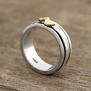 NOVICA Artisan handmade sterling silver spinner ring heart motif brass no stone band meditation india [Band width 6 mm W] ' traveling hearts'