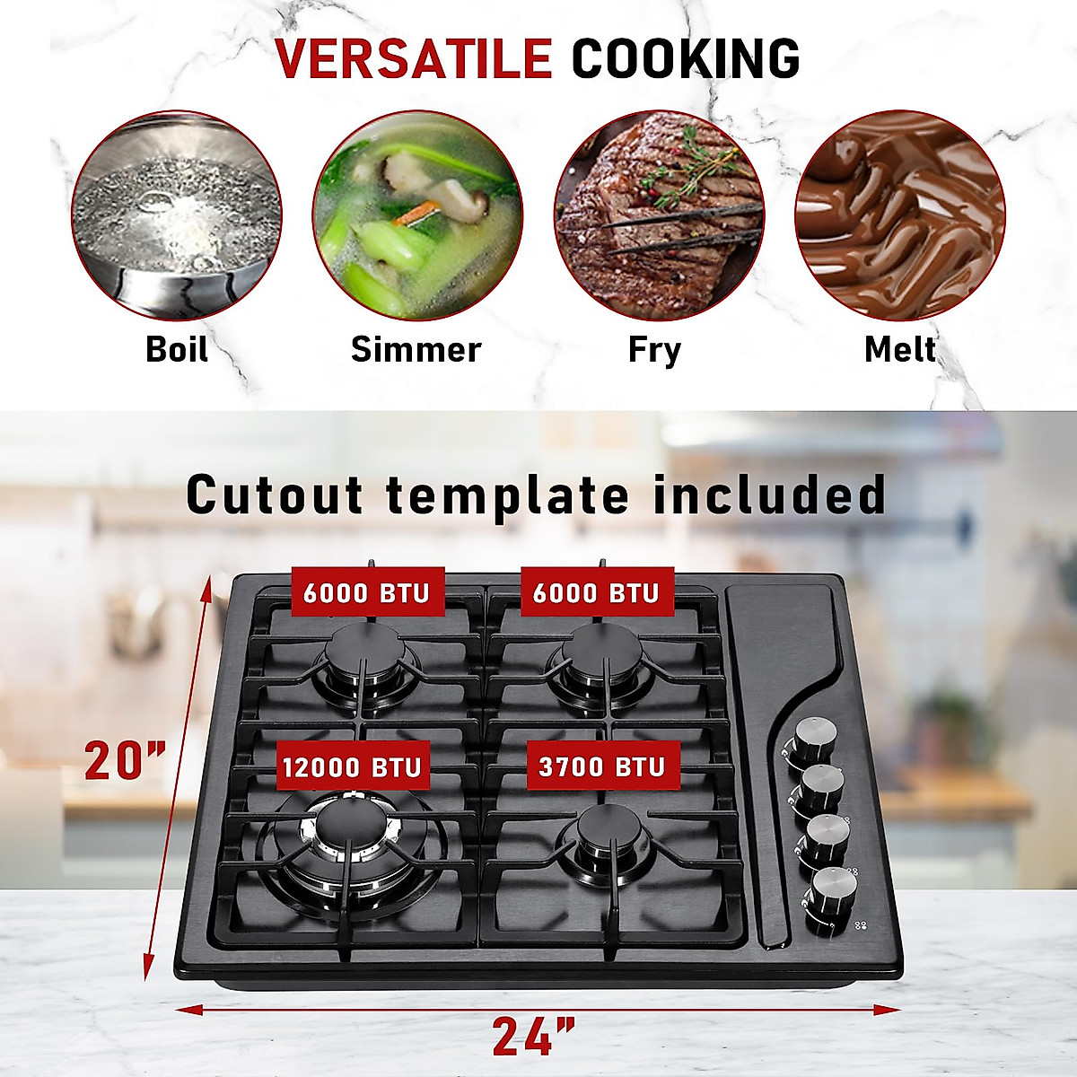 4 Burner Gas Cooktop, 24 Inch LPG/NG Dual Fuel Drop in Gas Stove Top, Stainless Steel Electronic Ignition for Apartment, Outdoor, RV