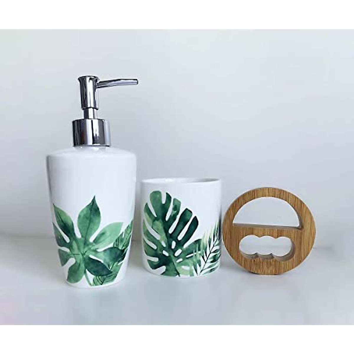 Green Tropical Bathroom Accessory Sets Sturdy Housewarming Gift 5 Pieces Ceramic Bath Accessories Collection Set Palm Tree Decor Toothbrush Holder Lotion Dispenser Soap Dish Tumbler (Green Tropical)