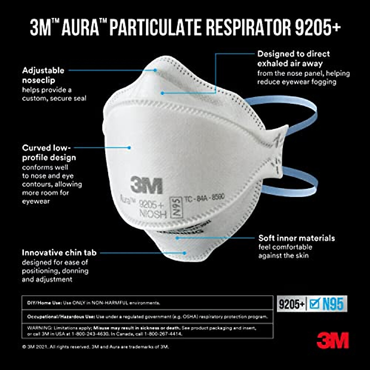 3M Aura Particulate Respirator 9205+ N95, Lightweight, Three Panel Designed Respirator Helps Provide Comfortable And Convenient Respiratory Protection, 10-Pack