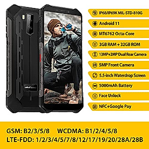 Rugged Smartphone Ulefone Armor X5 (2021), Waterproof IP68 Dual SIM Unlocked Phones, Global 4G LTE, 8-Octa-core Android 11, 3GB+32GB, 5000mAh Battery, Face Recognition, Bluetooth, NFC, Compass -Black
