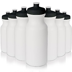 CSBD 20 oz. Bulk Water Bottles, Made in USA, Blank Plastic Reusable Water Bottles for Gym, Cycling, BPA Free, Plastic Water Bottles Pull Top Cap for Sports, White Bottle/Black Lid - 10 Pack