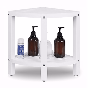 Corner Shower Bench with Storage Shelf,Waterproof Bamboo Corner Shower Stool for Shaving Legs,Easy Assemble Non-Slip Shower Chair for Bathroom,Stable & Sturdy Adjustable Feet Shower Seat(White)