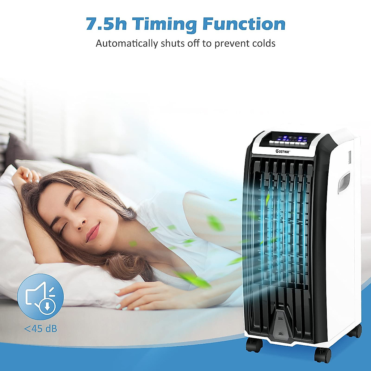 COSTWAY Evaporative Cooler, Portable Cooling Fan with Remote Control, 3-Mode, 3-Speed and 7.5H Timer Function, Include Ice Crystal Boxes, Water Tank and Casters, Bladeless Cooler for Home Office