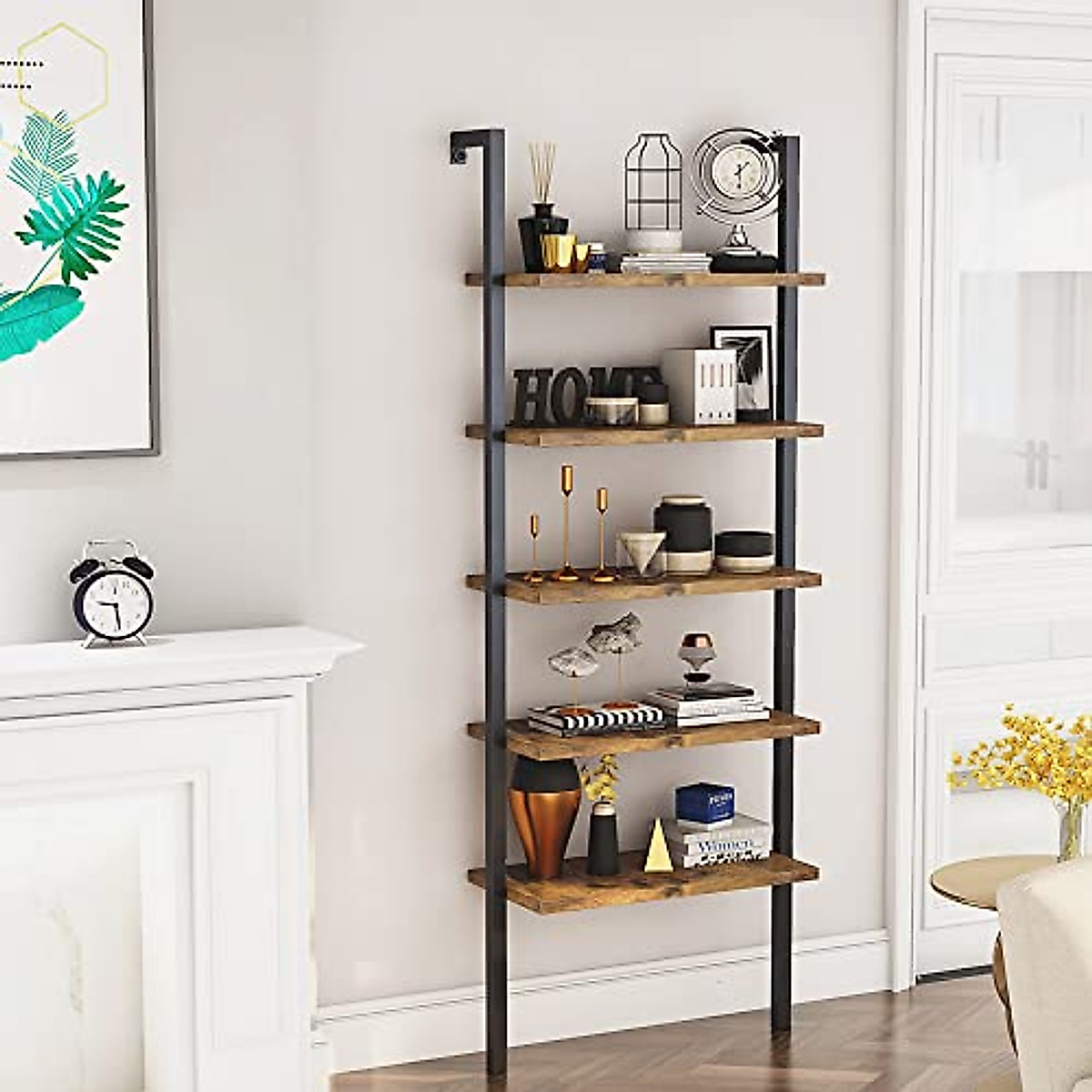 AWQM 2PCS Ladder Bookshelf, 5-Tier Bookcase Wall Mounted Bookshelf with Metal Frame,Modern Ladder Shelf Bookcase Wall Shelves Open Display Storage Shelves for Home, Office,Black & Walnut