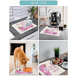 Coffee Mat for Counter, Fall Thanksgiving Pink Truck Pink and White Pumpkin Patch Absorbent Hide Stain Coffee Bar Mat, Non-slip Coffee Bar Accessories Kitchen Drying Mat Fit Under Coffee Maker