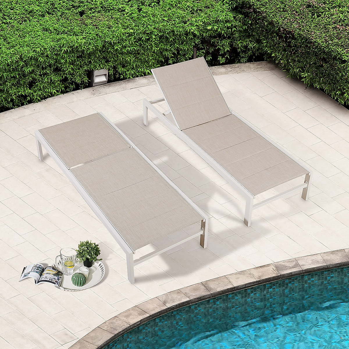 Iwicker Patio 2-Pieces Aluminum Chaise Lounge Chairs Adjustable Outdoor Quick Dry Foam Padded Lounger Reclining Chairs with 5-Position Backrest,Beige