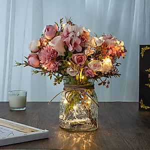 Artificial LED Pink Rose Flowers with Glass Vase, Flower Arrangement for Table Centerpiece, Home Office Wedding Decoration