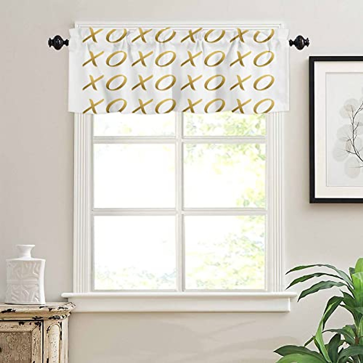 SIGOUYI Kitchen Valances for Windows, Gold XO Letter on White Kitchen Curtains, Kitchen Decor Short Curtains, Blackout Curtain Rods Pocket Small Window Curtains, 54"x18" Bathroom Curtains Window