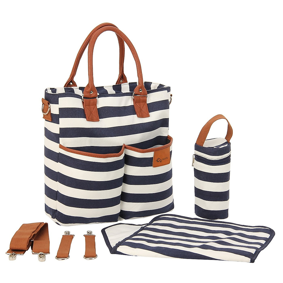 Designer Canvas Stylish Diaper Bag - With 2 Bonus Items: Changing Pad + Bottle Holder